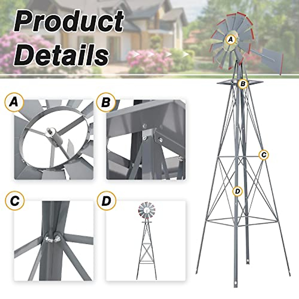 Betterland 8FT Metal Windmill Ornamental Spinner Backyard Garden Decoration Weather Vane for Yard Weather Resistant (Grey)