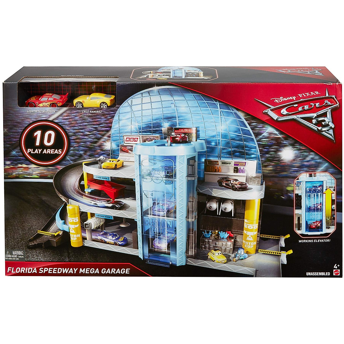 Mattel Disney and Pixar Cars Garage Playset with Lightning McQueen & Cruz Ramirez Toy Cars, Florida Speedway Mega 3-Level Garage