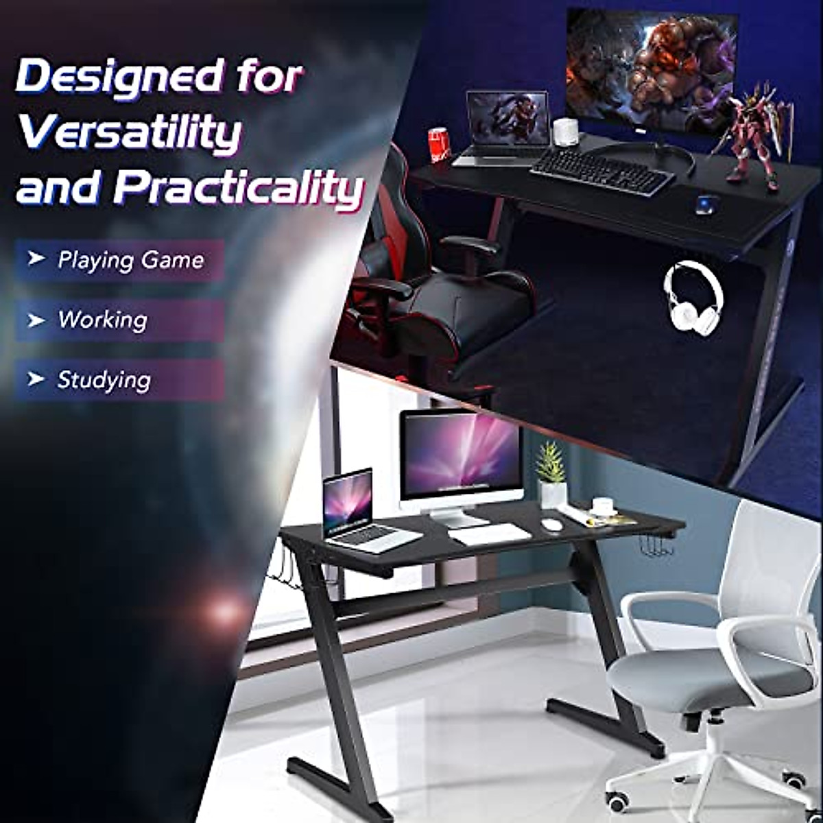 Goplus 45.5 Gaming Desk, Z Shaped Racing Game Table with Carbon Fiber Surface, Mouse Mat, Headphone Hook, Cup Holder, Game Handle Rack, Ergonomic Home Office Computer Table Gamer Workstation