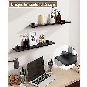 Gronda Black Floating Shelves for Wall 24 Inch Wood Floating Shelves Wall Mounted Wooden Shelf Set of 2, Modern Wall Decor Organizer for Bedroom, Kitchen, Office, Living Room