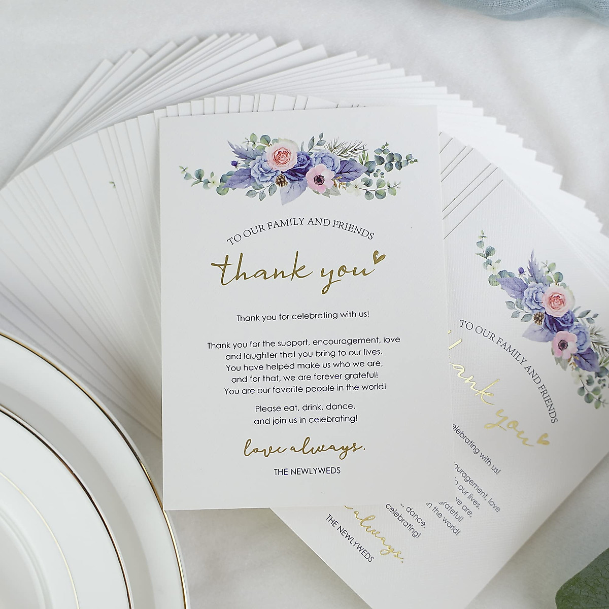 HUIHUANG Place Cards, 50 Pcs Greeting Card for Wedding, Bridal Shower, Thank You, 4 x 6 in, Blue Floral