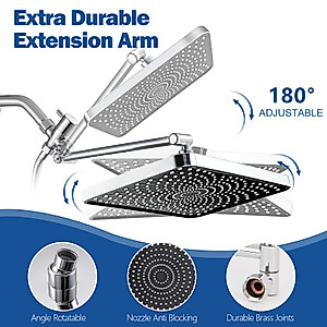 Shower Head,14”Rain Shower Head with Handheld Spray Combo with ON/OFF Pause Switch and 11'' Angle Adjustable Extension Arm/Flow Regulator，High Pressure Nozzle Easy to Clean Bathtub,Chrome