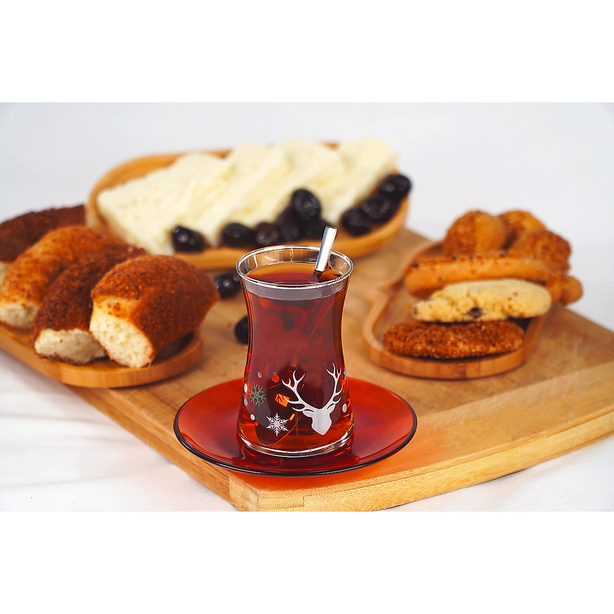 Turkish Tea Set, Turkish Tea Cups, Saucers and Tea Spoons, 6 Glasses, 6 Saucers and 6 Stainless Steel Spoons (18 Pieces), Set For 6 (Christmas)