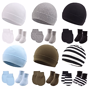 PESAAT Newborn Boy Beanie 0-6 Months Cotton Baby Girls Hats Mittens Autumn Winter Newborn Hospital Hat (6 Colors（Hat,Gloves,Socks）)