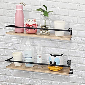 Weien Wood Floating Wall Shelves with Metal Frame, Wall Mounted Storage Shelves for Kitchen, Bathroom,Modern Hanging Shelf Set of 2