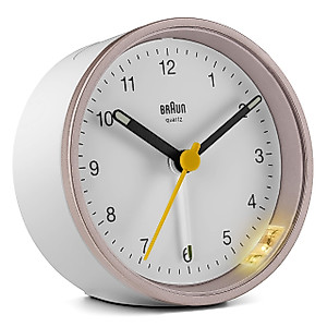 Braun Classic Analogue Alarm Clock with Snooze and Light, Quiet Quartz Movement, Crescendo Beep Alarm in White and Rose, Model BC12PW.