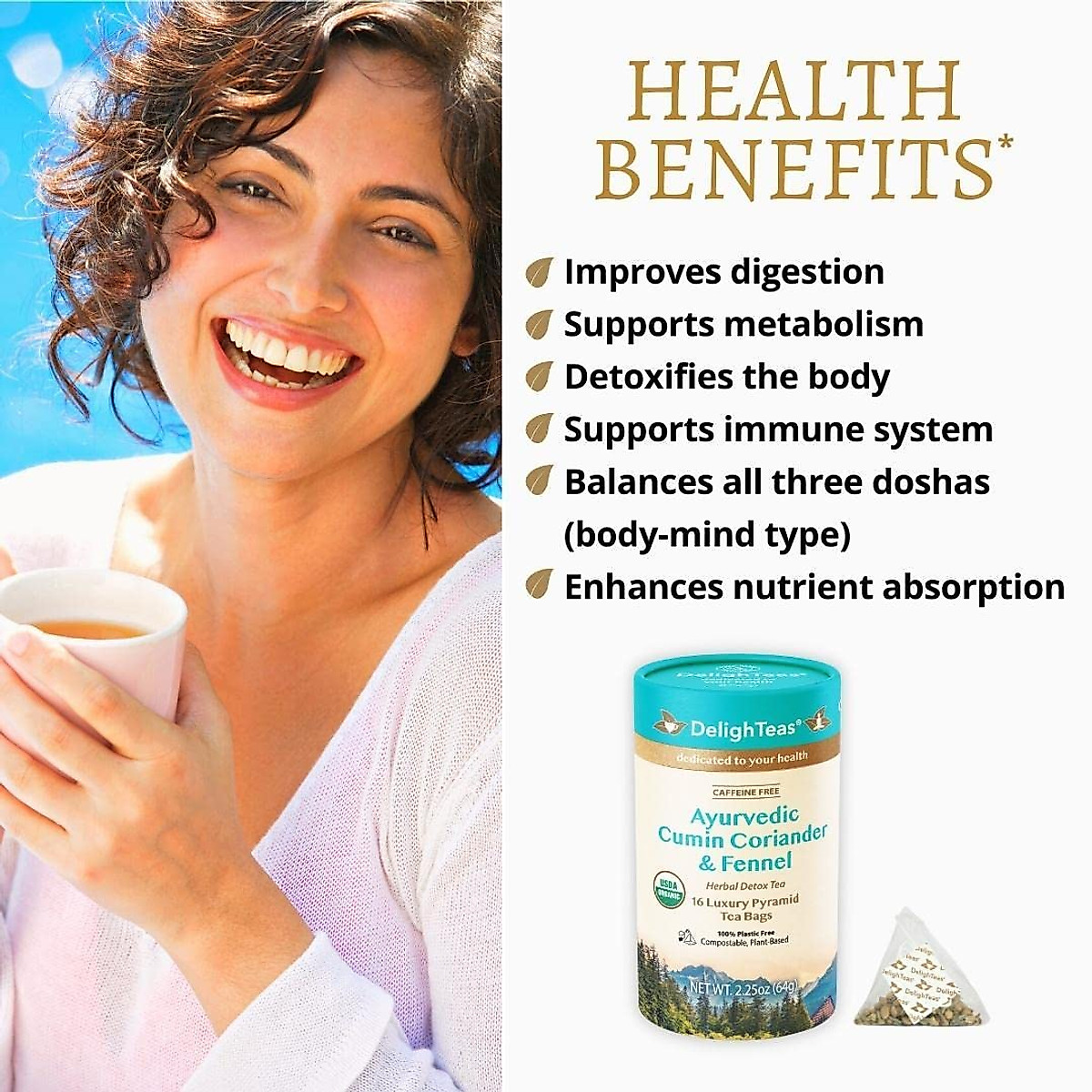 DelighTeas Organic Digest & Detox CCF Tea | Eco-friendly, Compostable Pyramid Tea Bags | Ayurvedic Cumin, Coriander, Fennel Tea | USDA Organic, Caffeine Free, Kosher | 16 Tea Bags, 4g each