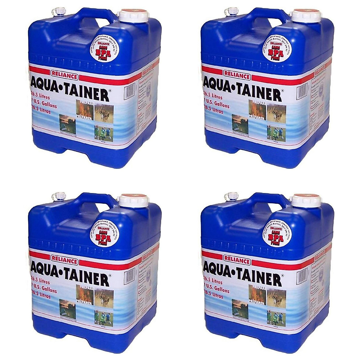 Reliance Products Aqua Tainer 7 Gallon Drinking Water Storage Container Tank (4 Pack)