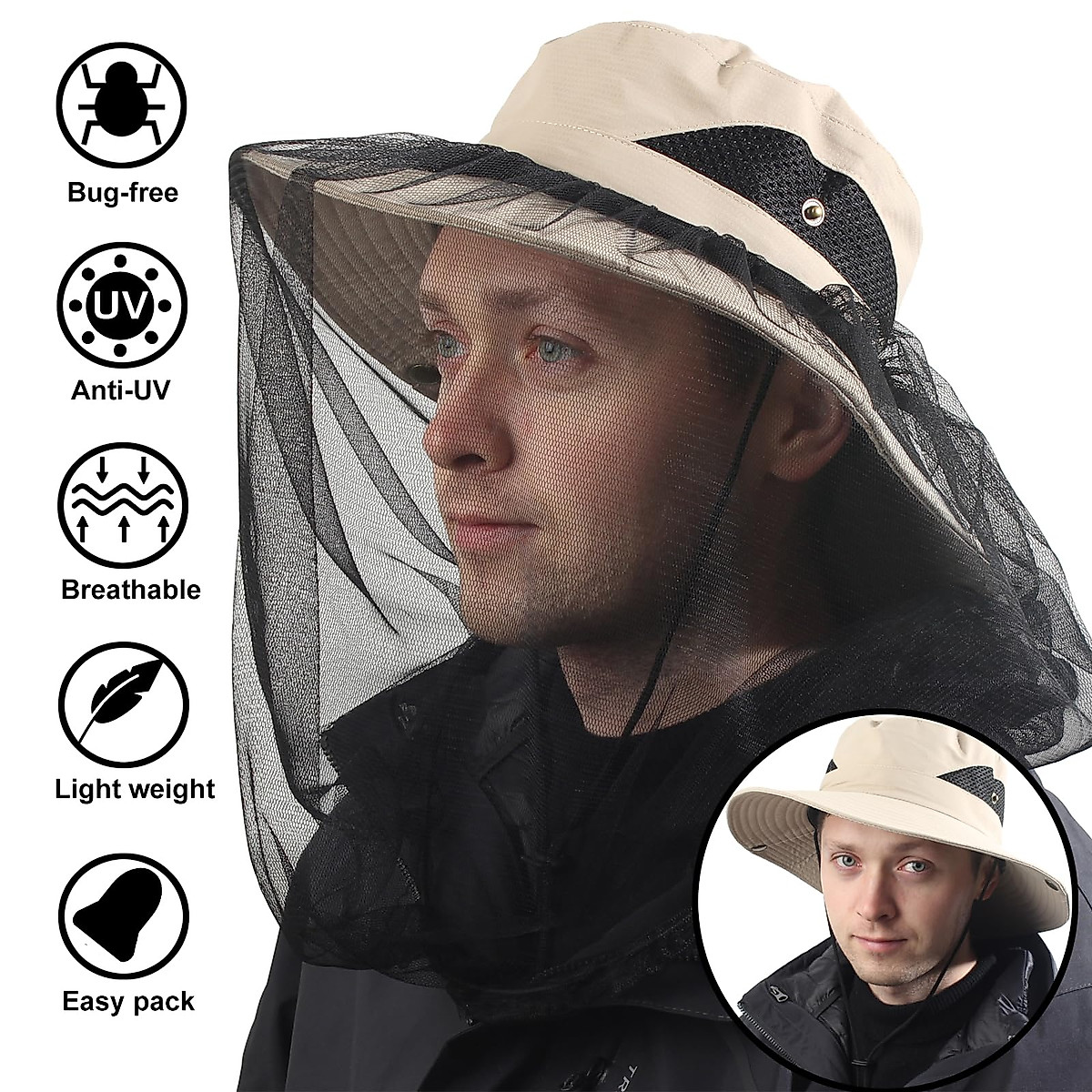 CAMOLAND Sun Hat with Removable Mesh Head Net Safari Hat Outdoor UV Protection