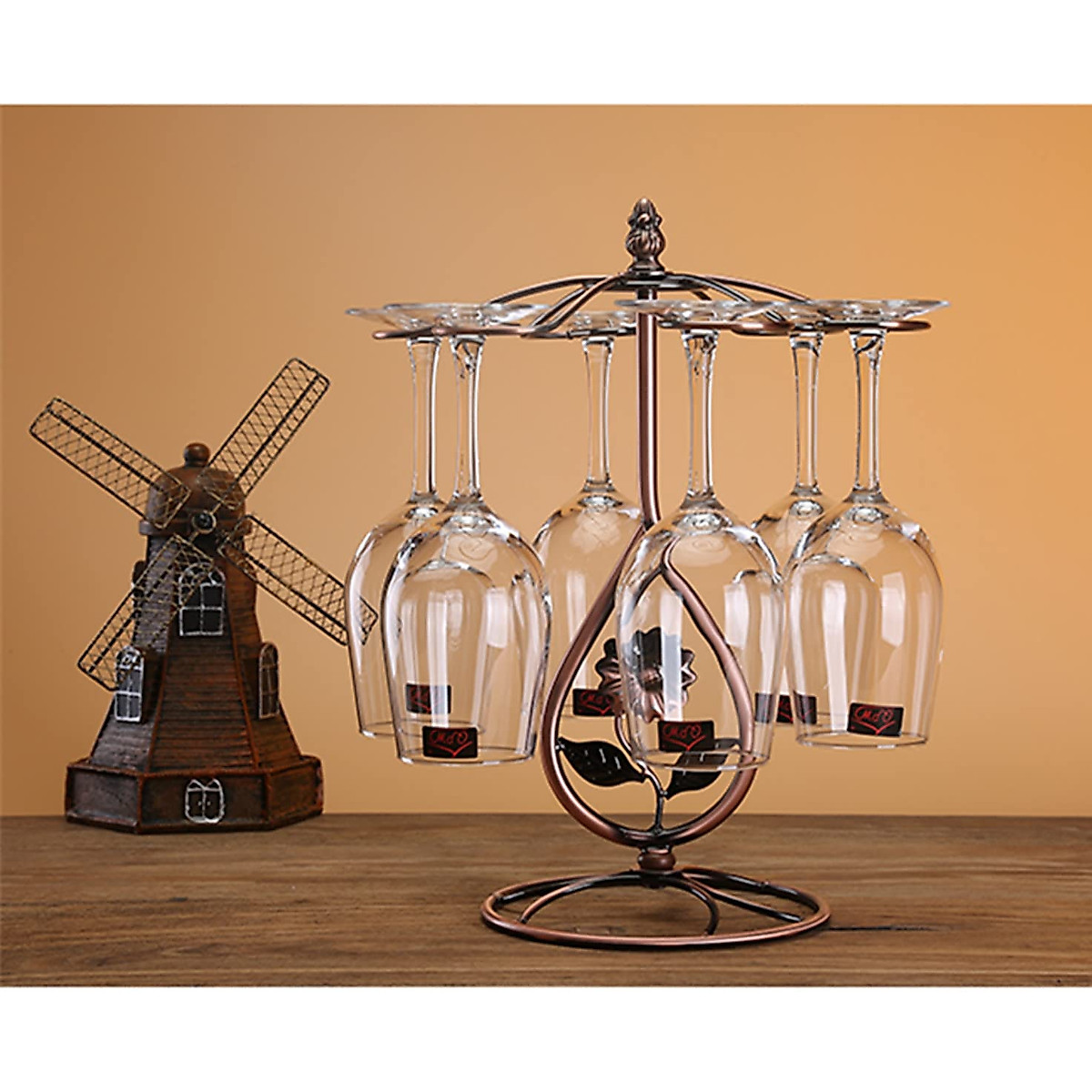 Homya Wine Glass Holder, Elegant Freestanding Table Top Goblet Storage/Wine Glass Holder with 6 Hooks Kitchen Glass Accessories for Home Bar, Bronze