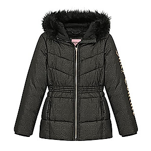 Juicy Couture Girls Puffer Jacket, Laminated Bubble Kids Coat with Fur Hoodie, Black, Small