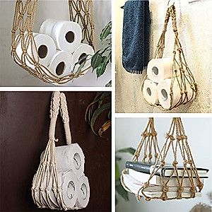 Toilet Paper Storage Holder Wall Hanging Storage Mesh Bag Boho Handmade Cotton Net Bag Paper Roll Holder for Home Bedroom Bathroom Living Room