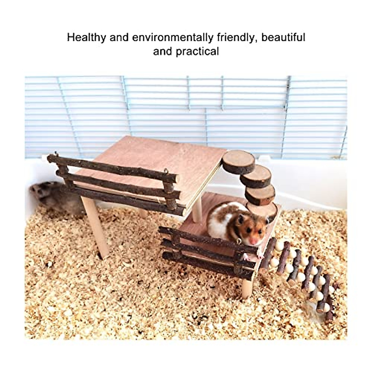 HEEPDD Wooden Hamster Platform, 2 Tier Small Pets Climbing Platform with Fence Ladder for Hamster Gerbil Mice Bird Guinea Pig
