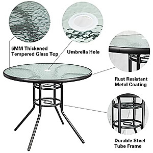 35.4"Outdoor Bistro Table Round Patio Dining Table Coffee Table Side Table with Umbrella Hole, Outdoor Indoor Banquet Furniture with Metal Frame and Glass Top for Garden Backyard Porch Lawn Deck,Black