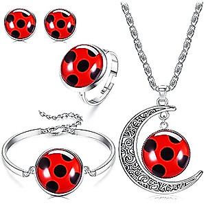 HAIAISO Good Luck Ladybug Jewelry Red Ladybug Bracelet Moon Necklace Ring Stud Set Halloween Cosplay Jewelry Ladybug Lover Gift for Women Girls(Ladybug)