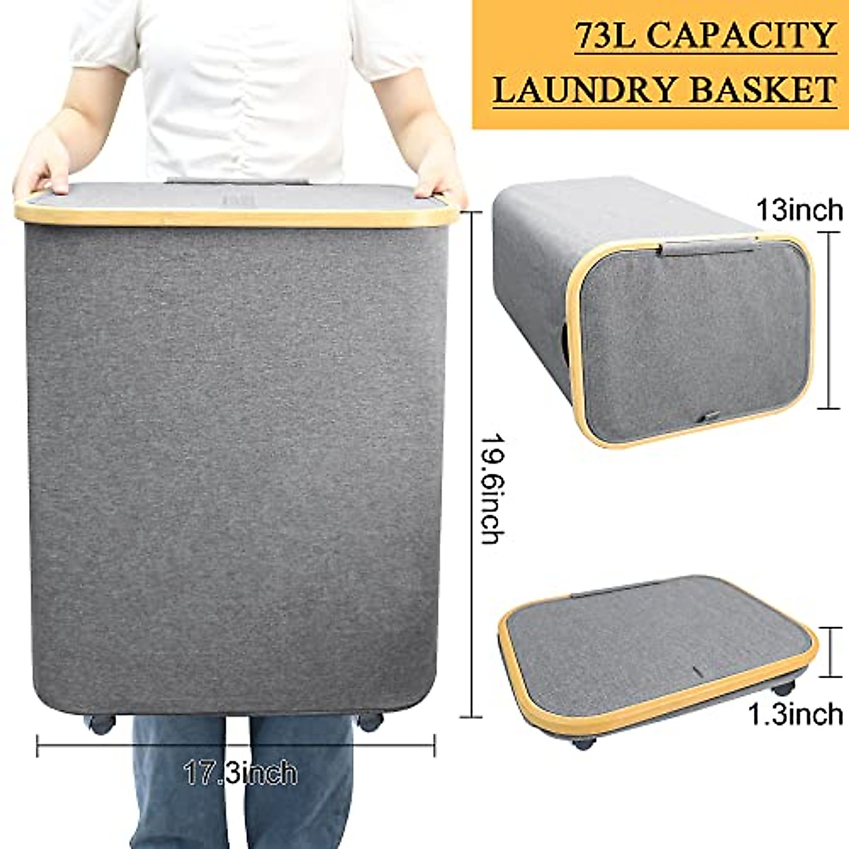 Foldable Laundry Hamper With Lid - 73L Large Laundry Basket with Wheels and Removable Laundry Bag, Portable Cloth Hampers for Home Storage, Travelers Apartments (Grey)
