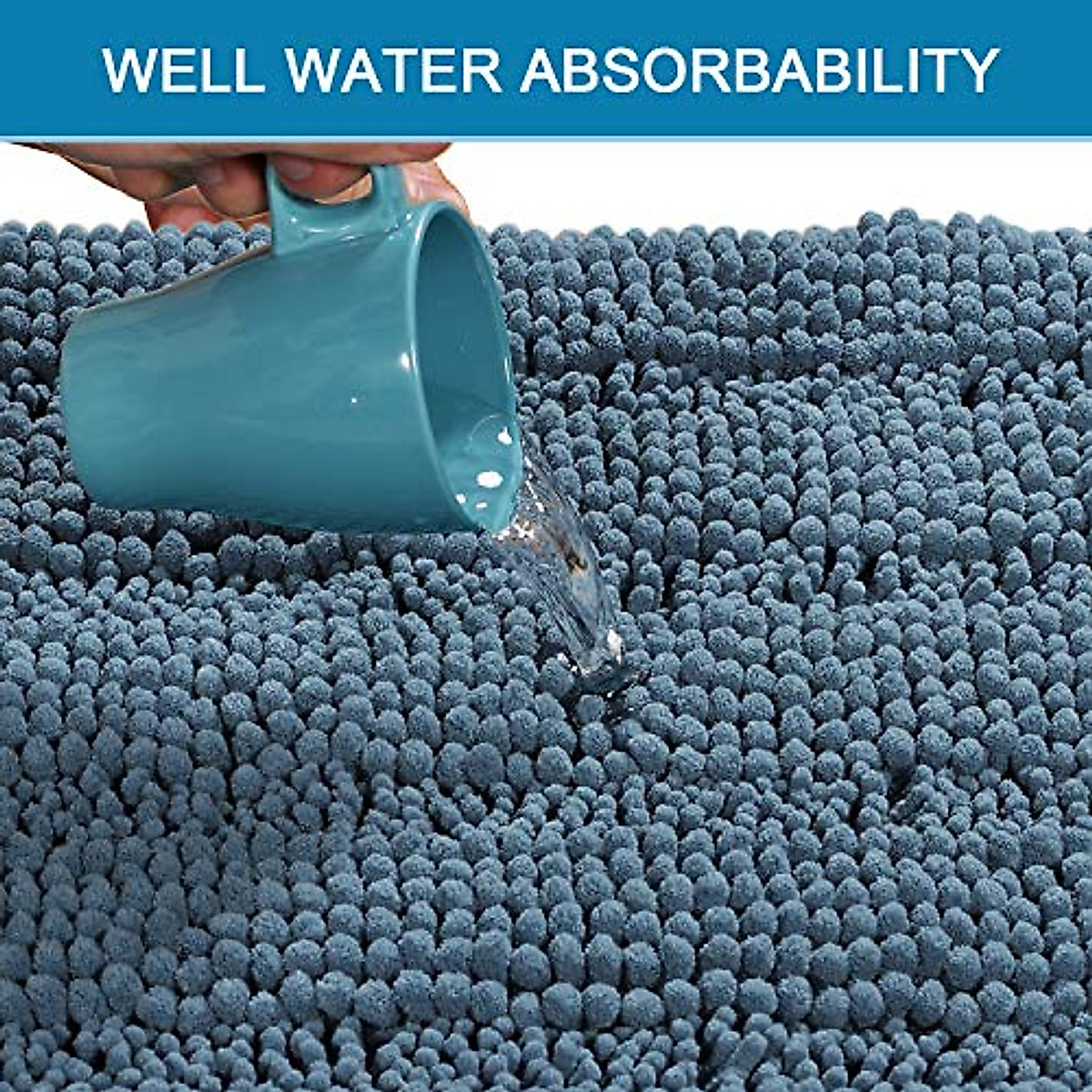Bath Rugs for Bathroom Non Slip Bath Mats Extra Thick Chenille Striped Rug 20" x 32" Absorbent Non Skid Fluffy Soft Shaggy Washable Dry Fast Plush Mat for Indoor, Bath Room, Tub - Stone Blue