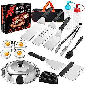 Griddle Accessories Kit, 17PCS Flat Top Grill Accessories Set for Blackstone and Camp Chef, Enlarged Spatulas, Basting Cover, Scraper, Tongs, Stain Steel Grill Spatula Kit for Outdoor BBQ & Cooking