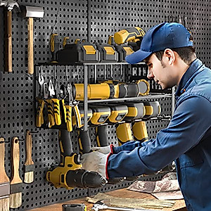 Power Tool Organizer Wall Mount, 5 Slot Cordless Drill Holder Battery Charging Station Storage Rack, Multi-function Garage Pegboard Tool Organizer for Tidying Up Parts Bin, Wrench, Pliers, Screwdrivers, Bit