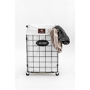 LargeROO Wire laundry Basket with Wheels & Removable Liner Bag for Bedroom, Small 72L Laundry Hampers Black Rolling Baskets Dirty Clothes Hamper on Wheels