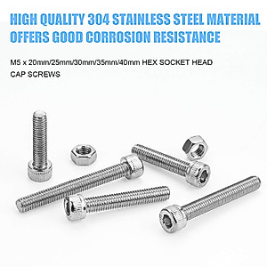 DYWISHKEY 70 Pieces M5 x 20mm/25mm/30mm/35mm/40mm Stainless Steel 304 Hex Socket Head Cap Bolts and Nuts Kit