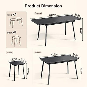 Qsun 7-Piece 63" Large Dining Table Set for 4-6 People, Extendable Kitchen Table Set with 6 Chairs, Dining Room Table with Round Corner for Small Space, Children Protective Design, Black