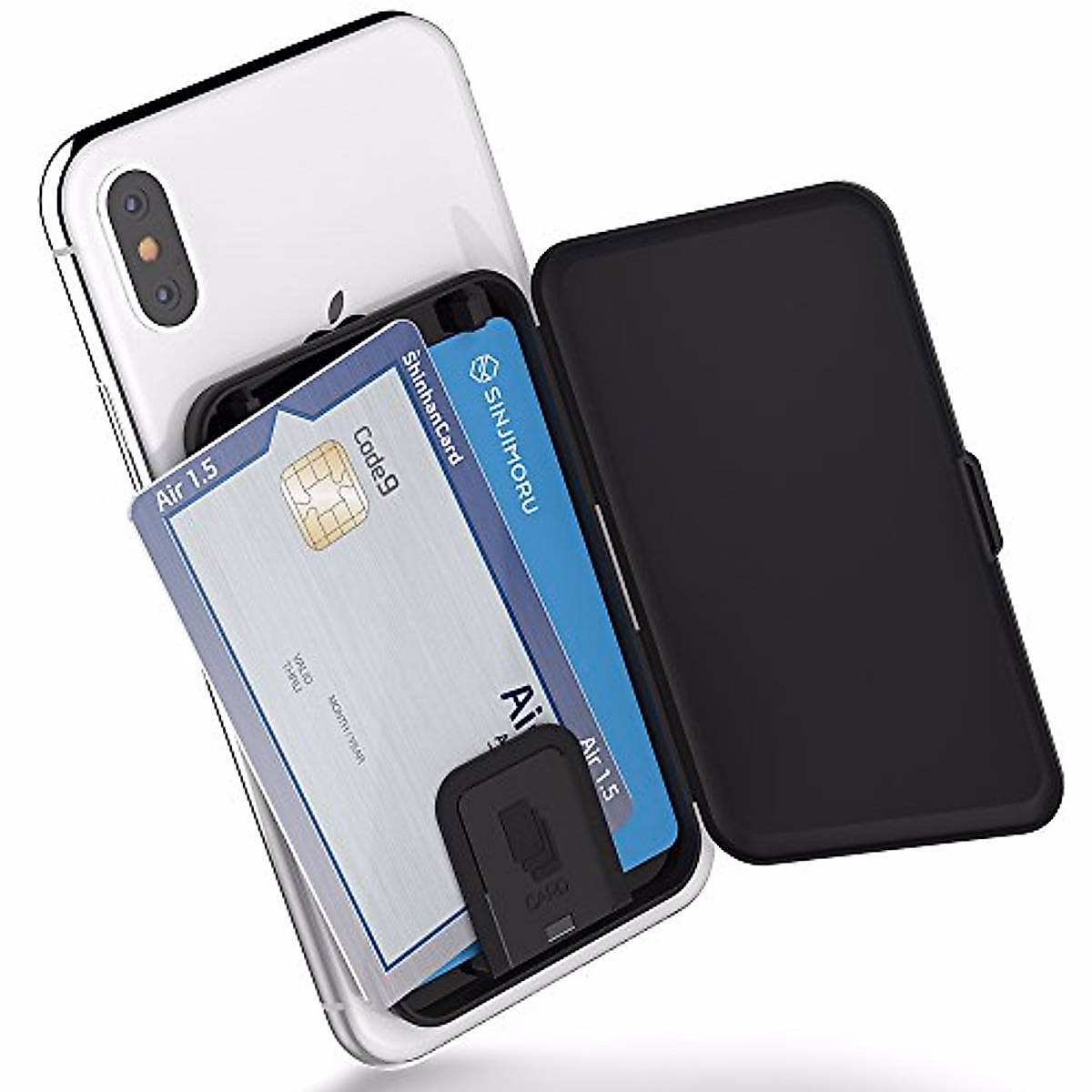 Sinjimoru Phone Card Holder Stick-on Phone Card Case, Phone Wallet Credit Card Holder on Back of Phone with up to 3 Cards and Cash Storage. Card Zip Black