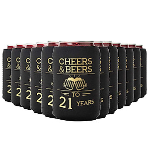 Cheers & Beers to 21 Years Can Coolers 21st Birthday Party Coolies, Set of 12, Black and Gold Can Coolers, Perfect for Birthday Parties, Birthday Decorations