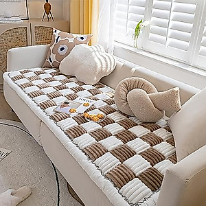 ETHORY Funny Fuzzy Couch Cover, Funnyfuzzy Cream-Coloured Large Plaid Square Pet Mat Bed Cover Protective Floors Furniture, for Cats and Dogs(Size:27.6 * 82.7 in,Color:Dark Brown)