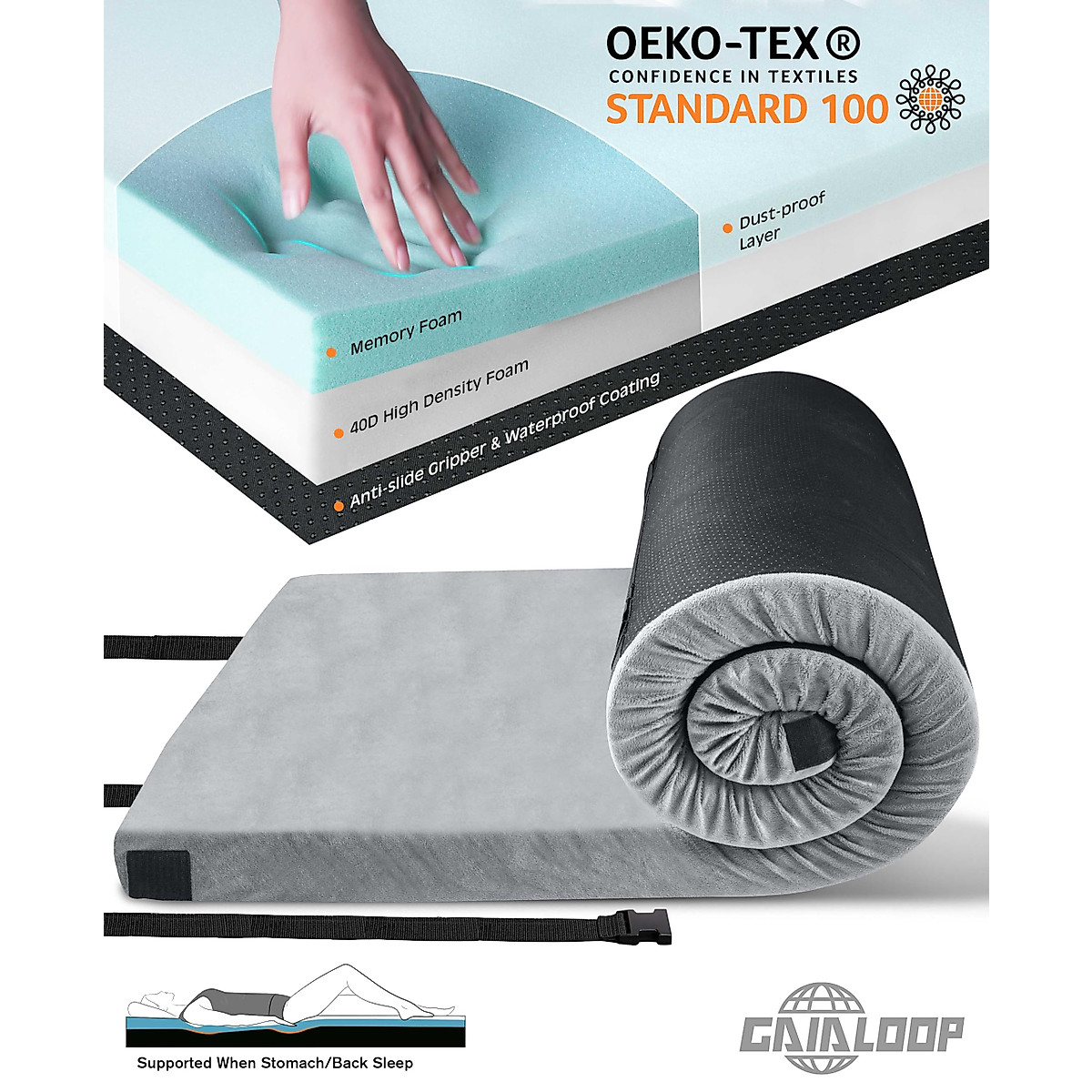 GAIALOOP Memory Foam Futon Mattress Car Camping Bed Glamping Roll Up Mattress, Japanese Floor Sleeping Mat Camp Cot Mattress Pad Travel Guest Adults Side Sleepers Space Gray [Twin: 75 * 38 * 3" ]