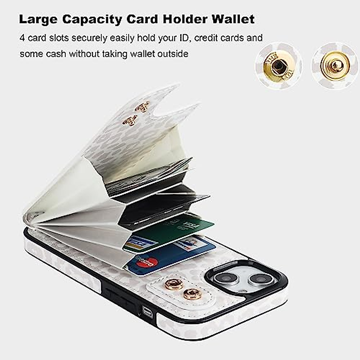 HAOPINSH for iPhone 13/ iPhone 14 Wallet Case with Card Holder, 360°Rotation Ring Kickstand, White Leopard Cheetah Pattern, RFID Blocking Leather for Girls Women, Double Buttons Flip Protective 6.1"