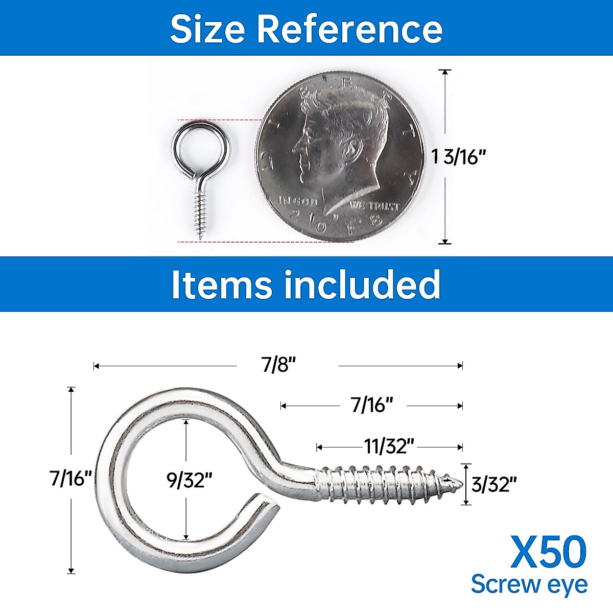 Muzata 50pack 7/8’’ M3 Screw Eye Hook Wood Screws Metal Hook T316 Stainless Steel for Wood Securing Cable Wire Terminal Ring Eyelet Self Tapping Eye Bolt Indoor Outdoor CN18 HN2