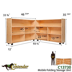 Contender Extra Large Folding Mobile Storage Organizer for Daycare Classroom Preschool, Wood Furniture on Rolling Casters with 4 Shelves for Toys, Puzzles, Books
