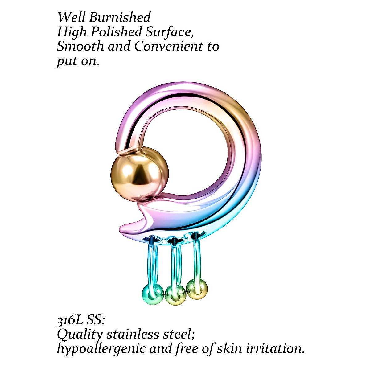 4G Earrings Internally Threaded Circular Barbells Horseshoe PA Rings Captive Bead Rings Dangle Spring Action CBR Surgical Steel Monster Screwball Rings Body Piercing Rings for Women Men Rainbow