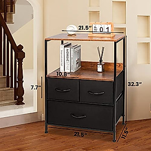 CONNOO Nightstand, Bedside Table with 3 Fabric Drawer, Storage Shelf, 2 Wooden Top, Night Stands Dresser for Bedroom, Hallway, Hotel, Closet, Nursery, Living Room, Office, Industrial Rustic Black