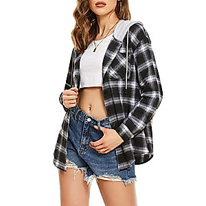 HOTOUCH Hooded Flannel Shirt Women Plaid Top Shacket Button Up Long Sleeve Blouse Lightweight Cotton Tunic Outfit Black L