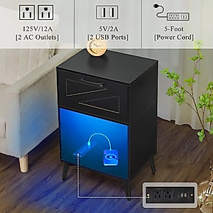 Lerliuo Nightstand with Charging Station and Led Lights, Night Stand with USB Ports and Outlets, Modern Bedside Table with Drawer and Storage Shelf, Black Smart Side Tables for Bedroom