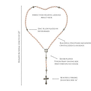 Nazareth Store Pink Beads Rosary Necklace Strong Pearl Beaded Catholic Rosary with Our Lady of Graces Medal and Cross