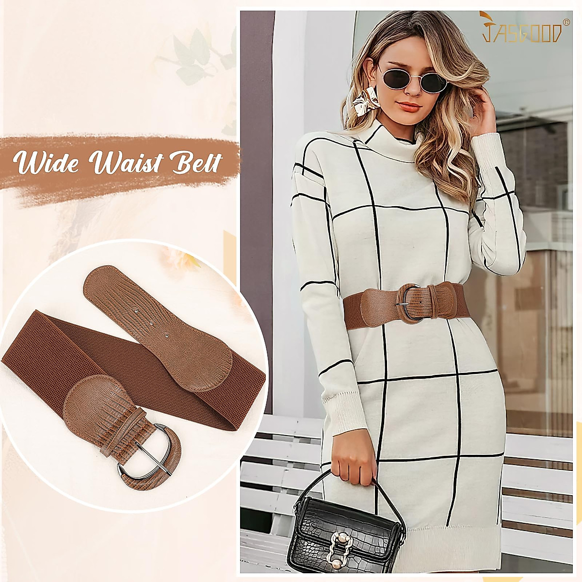 JASGOOD Women Stretchy Wide Waist Belt for Dress Ladies Elastic Belt Hook Buckle (Suit for Size 37-42 Inches,B-Brown)