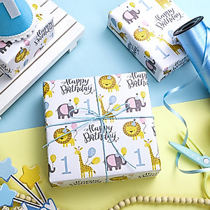 WRAPAHOLIC 1st Birthday Wrapping Paper Sheet - 6 Sheets Cute Animal Design Folded Flat for Birthday, Party, Baby Showers - 19.7 Inch X 27.5 Inch Per Sheet