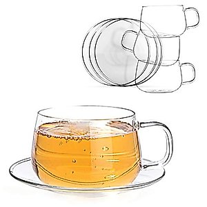 Tealyra - La Lune - Glasses - 10.1-ounce - Set of 4 - Clear and Lightweight Glass Tea and Coffee Cup with Saucer - 300ml