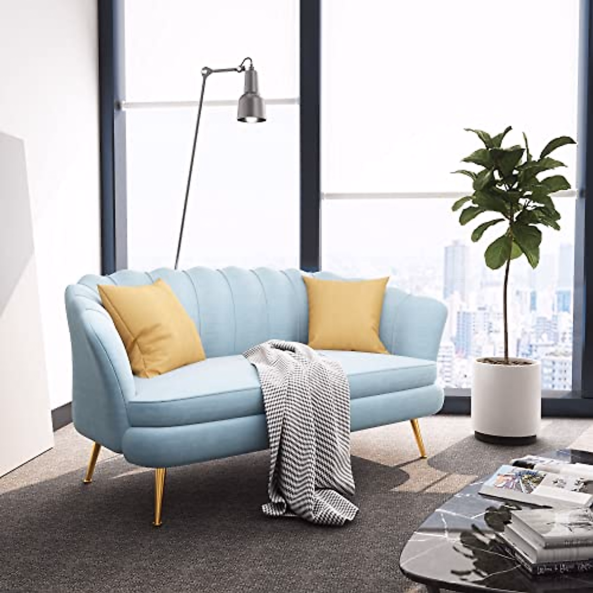 Loveseat Sofa, Modern Velvet Couch Accent Upholstered Settee, 2 Seater Small Loveseat for Small Spaces, Office, Bedroom, Living Room (Light Blue)