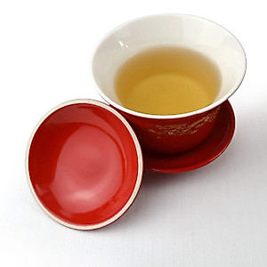 Gaiwan 2 Suits Porcelain Teacups 8oz Cups Chinese Dragon and Phoenix Cover Bowl Saucer Red tureen for Wedding Party (Dragon phoenix)