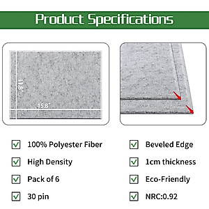 VANCORE 6 Pack Acoustic Panels 16"x 12"x 0.4" Sound Proof Padding, Sound Blocking Absorbing Padding for Wall Ceiling Acoustic Treatment for Home Office Decoration, Grey