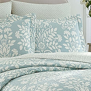 Laura Ashley - Rowland Collection - Quilt Set - 100% Cotton, Reversible, All Season Bedding with Matching Shams, Pre-Washed for Added Comfort, King, Blue