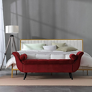 RXRRXY Velvet Storage Bench for Bedroom,Eed of Bed Bench with Ottoman, Button Tufted King Size Upholstered Benches with Armrest and 4 Sturdy Wooden Legs for Entryway, Living Room (Red)