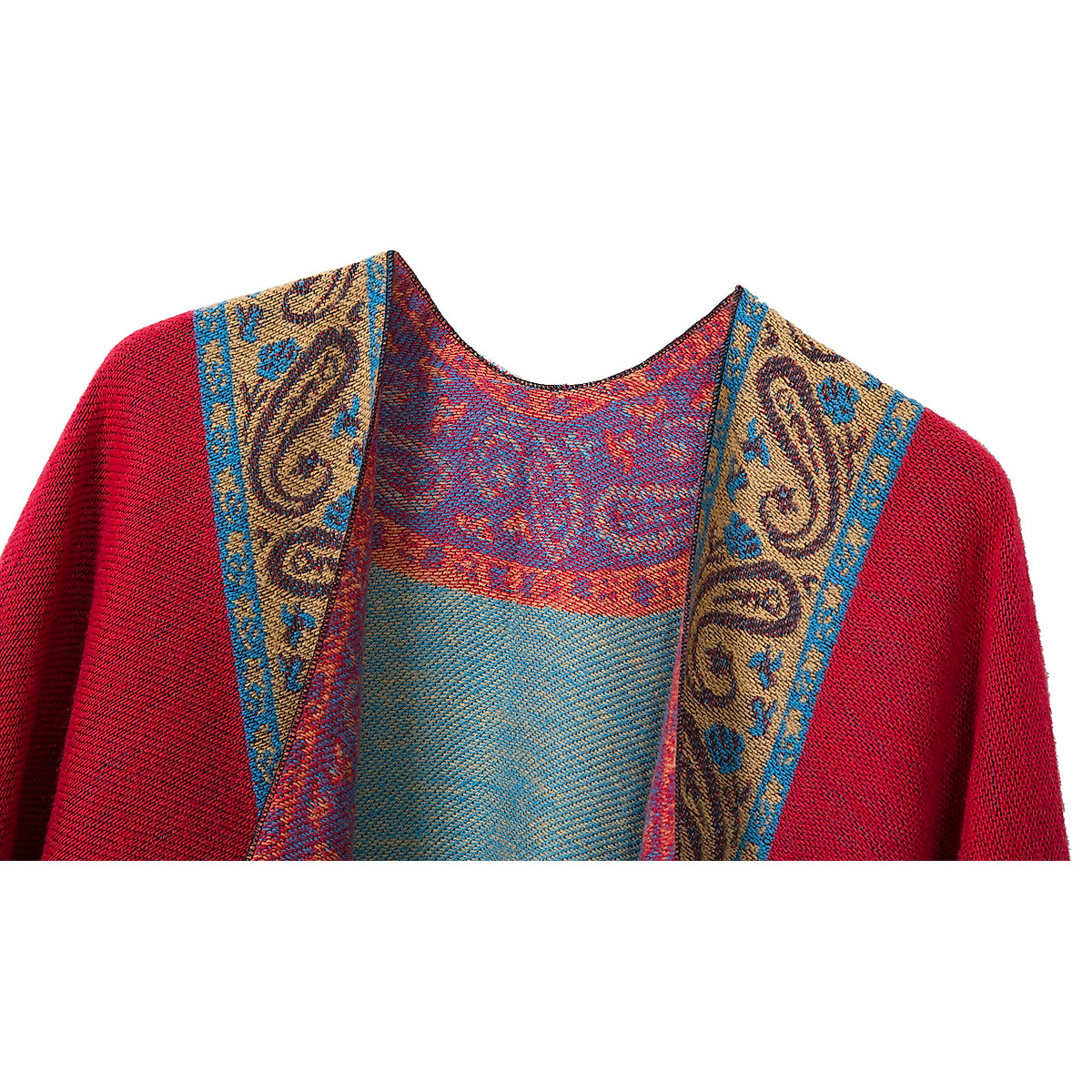 Urban CoCo Women's Printed Tassel Open front Poncho Cape Cardigan Wrap Shawl (Red)