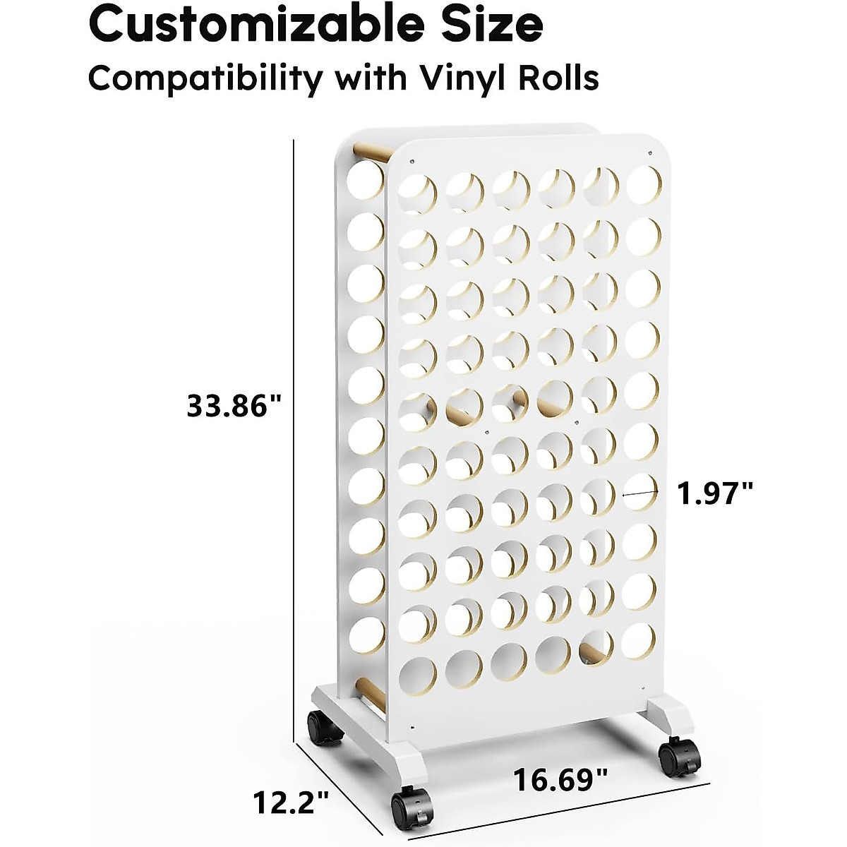 Crafit Mobile Vinyl Roll Holder, 60 Compartment Vinyl Storage Organizer with Locking Caster Wheels, Wooden Vinyl Roll Storage Cart Rack Craft Storage Gift Wrap Organizer for Home Craft Room (2" Hole)