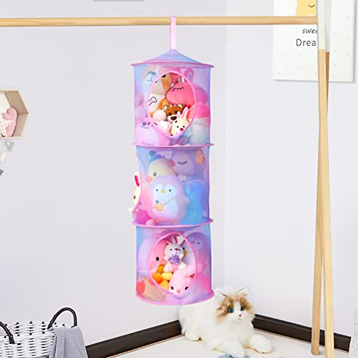 Basumee Stuffed Animals Net or Hammock 2Pcs Hanging Stuffed Animals Storage 3 Compartments Toy Net Hammock for Stuffed Animals Organizer Mesh Stuff Animals Hammock for Kids Girls Room, Rainbow