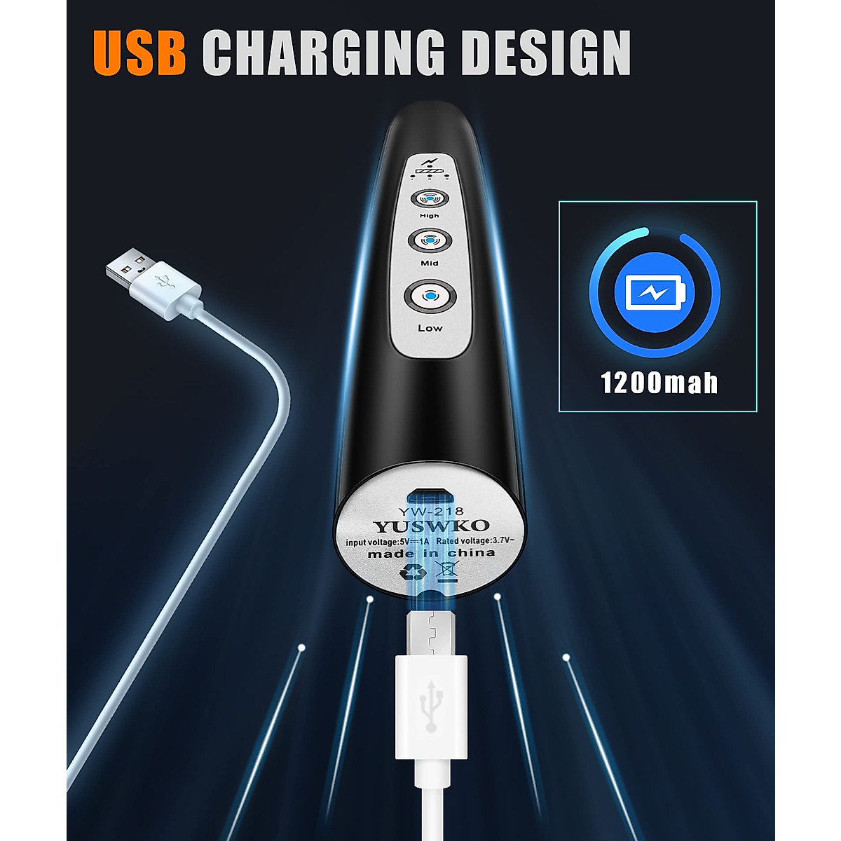 YUSWKO Rechargeable Milk Frother for Coffee with Stand, Handheld Drink Mixer with 3 Heads 3 Speeds Electric Stirrers for Latte, Cappuccino, Hot Chocolate, Egg - Black